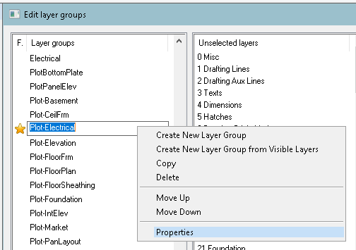 Defining default drafting layers for layer groups