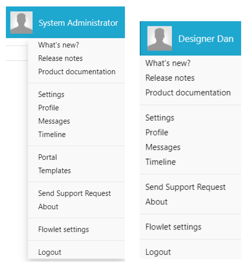 User drop down menu